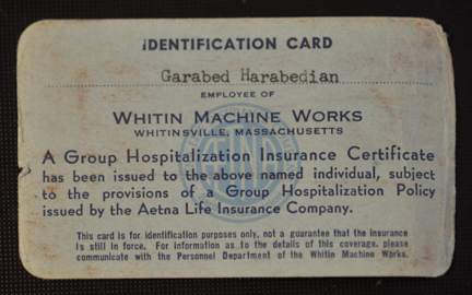 Whitin Machine Works Insurance Identification Card · Armenians of ...